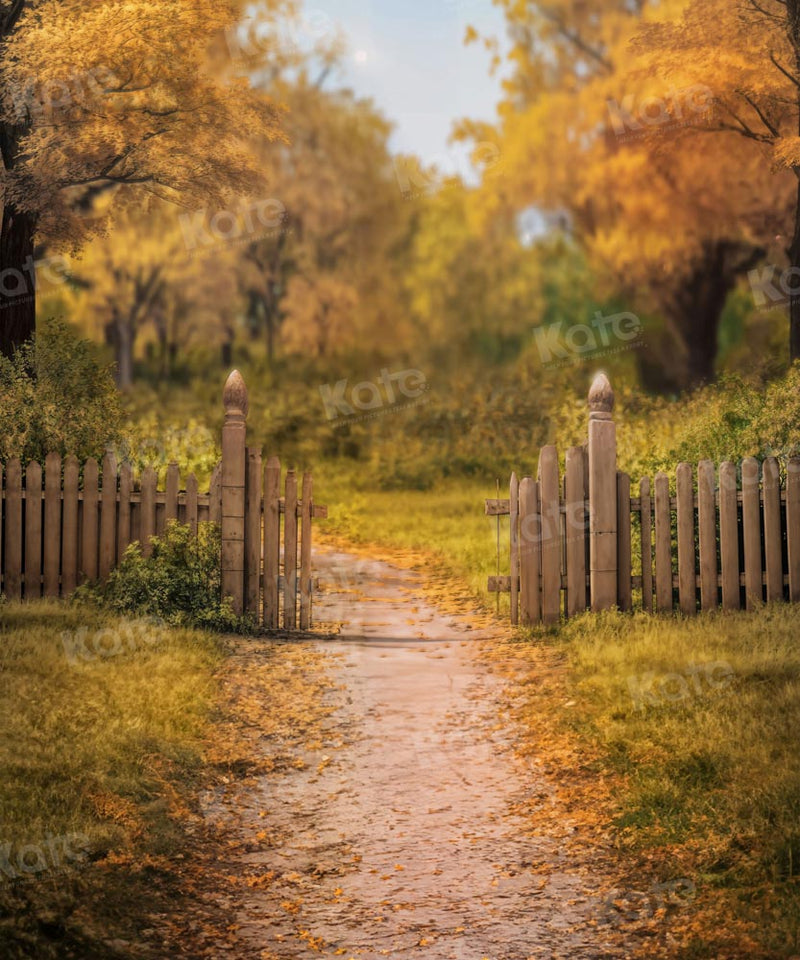 Golden Autumn Pathway Wooden Gate Backdrop