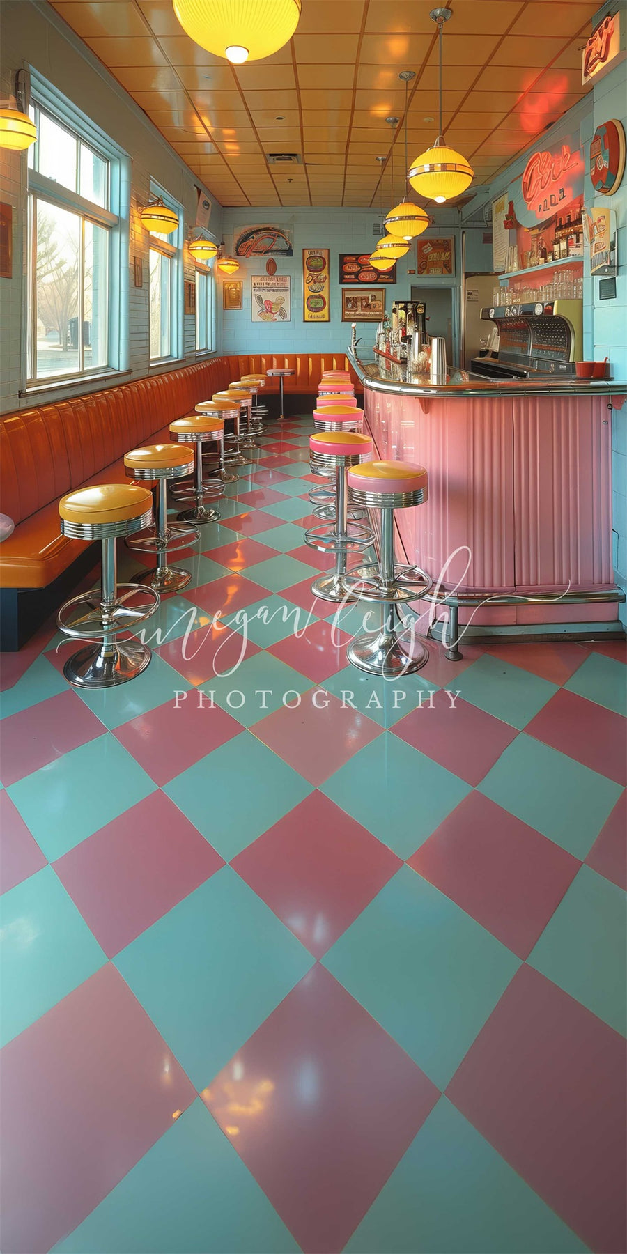 Retro Diner Vibes Pink Blue Backdrop