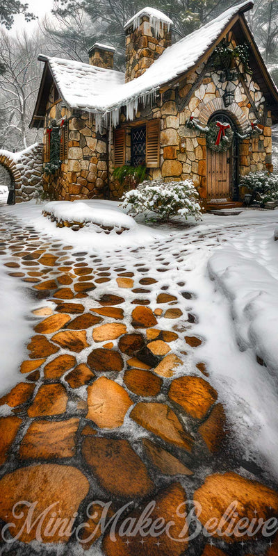 Cozy Snowy Stone Cottage Winter Backdrop