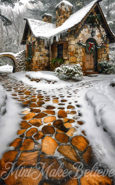 Cozy Snowy Stone Cottage Winter Backdrop