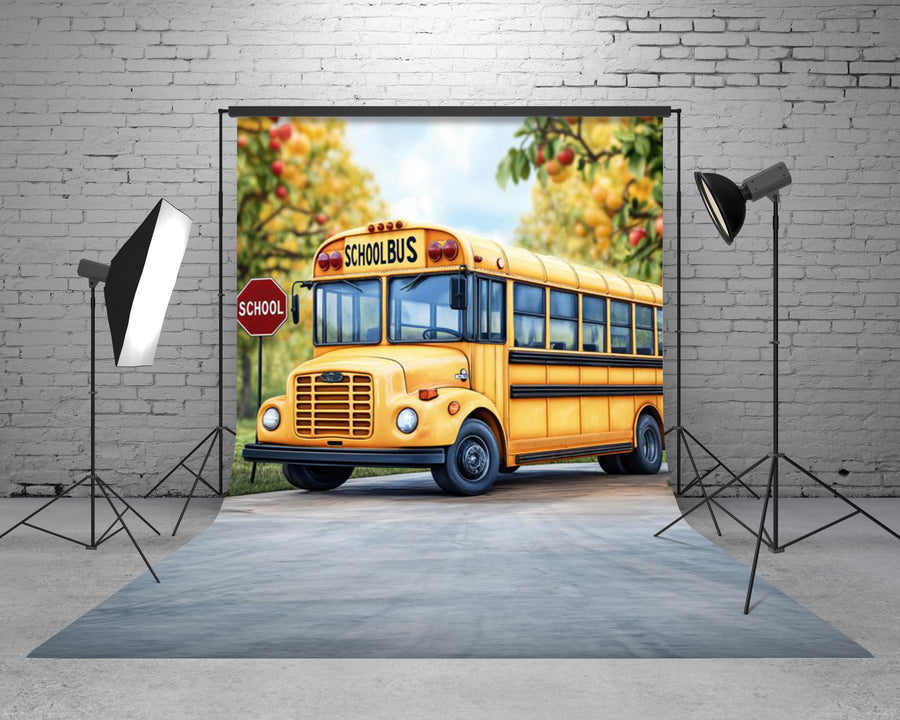 Vintage Yellow School Bus Autumn Backdrop