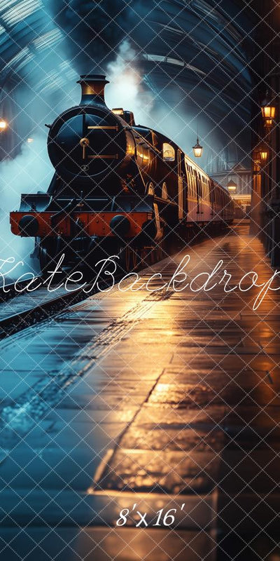 Vintage Steam Train Night Station Backdrop