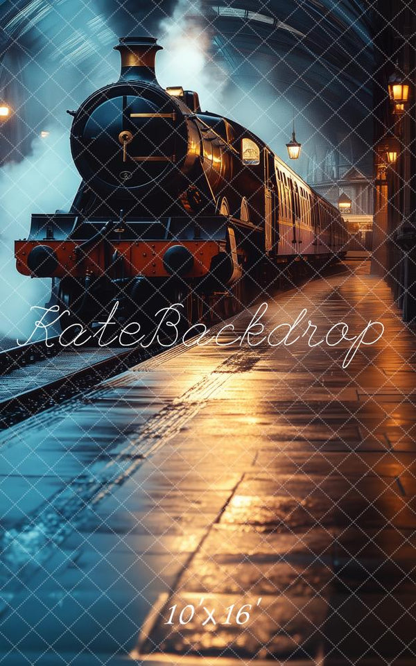 Vintage Steam Train Night Station Backdrop
