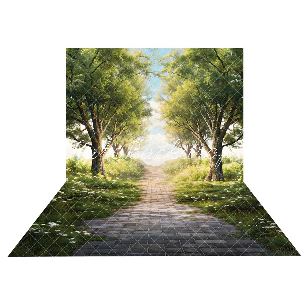 Kate Spring Green Trees Grass Path Backdrop+Spring Green Grass Brick R