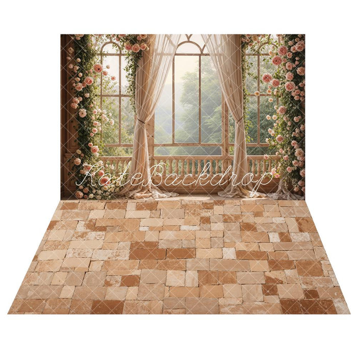 Kate Spring Pink Flowers Window Room Backdrop+Distressed Brick Floor B