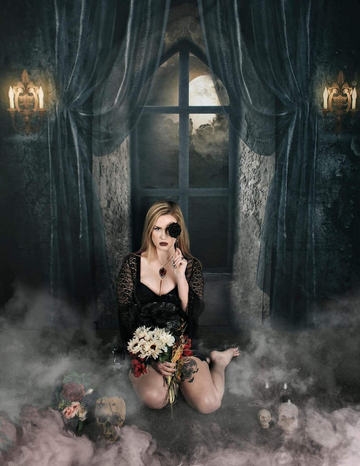 Mystical Foggy Gothic Window Backdrop