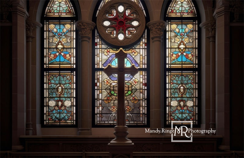 Kate Gothic Stained Glass Window with Cross Backdrop Designed by Mandy