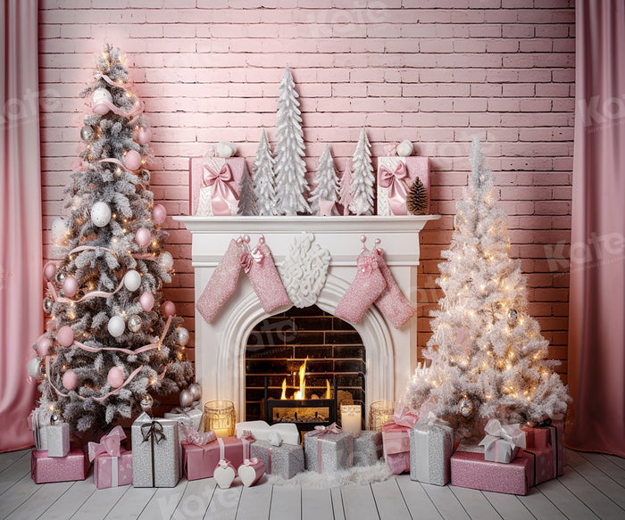 Pink Frosted Holiday Fireplace Backdrop