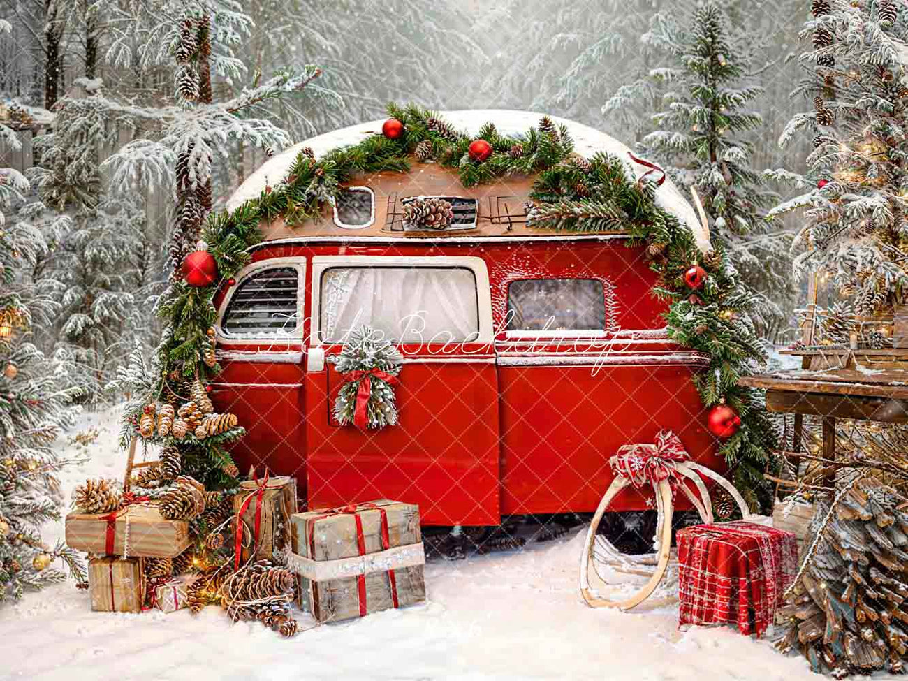 Festive Winter Camper Holiday Backdrop