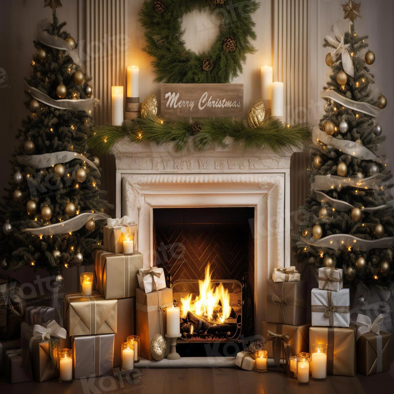 Kate Christmas Fireplace Gift Tree Painted Backdrop Designed by Emetse