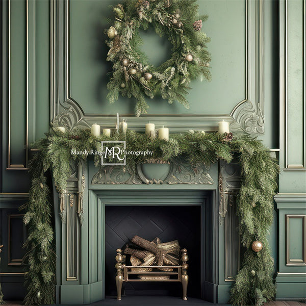 Vintage Elegant Green Festive Fireplace Backdrop