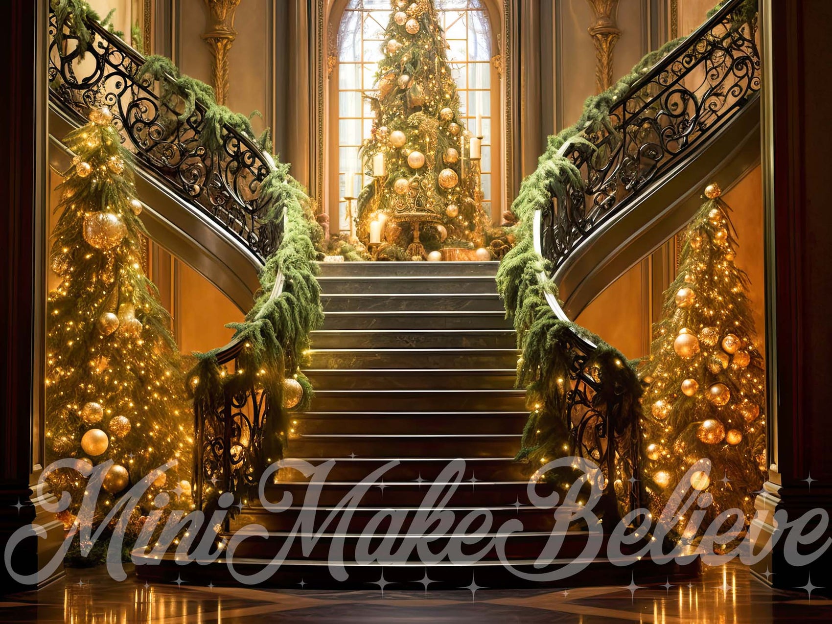 Kate Cascading Stairs with Tree Christmas Winter Backdrop for Photography