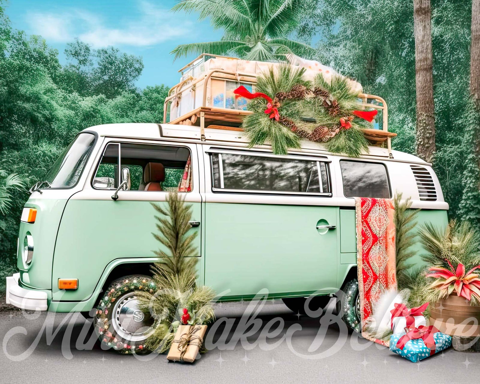 Vintage Holiday Campervan Christmas Backdrop