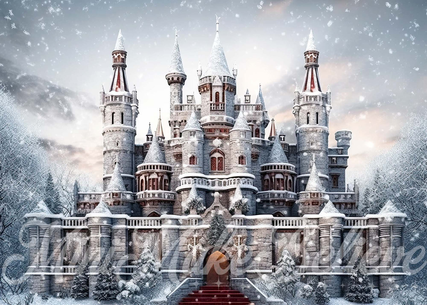 Magical Snowy Winter Castle Backdrop