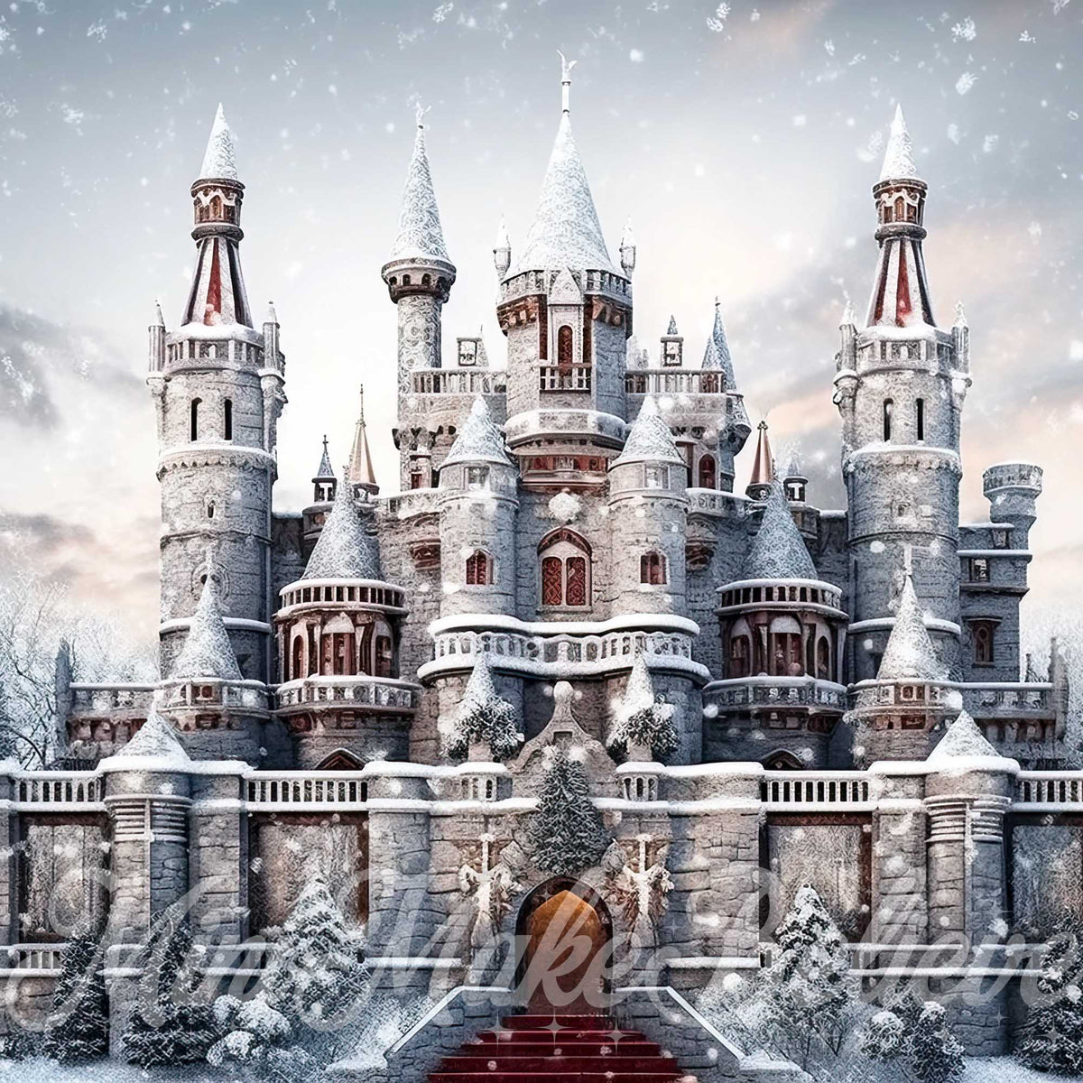 Magical Snowy Winter Castle Backdrop