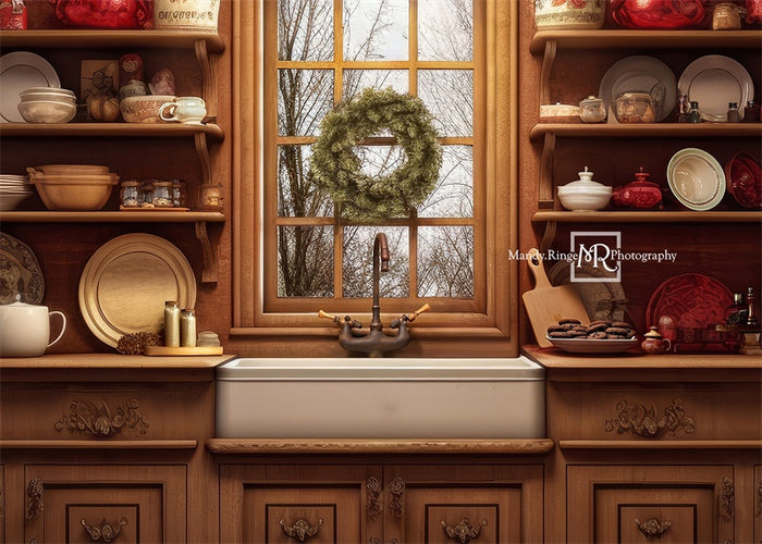 Rustic Vintage Kitchen Wooden Cabinet Backdrop