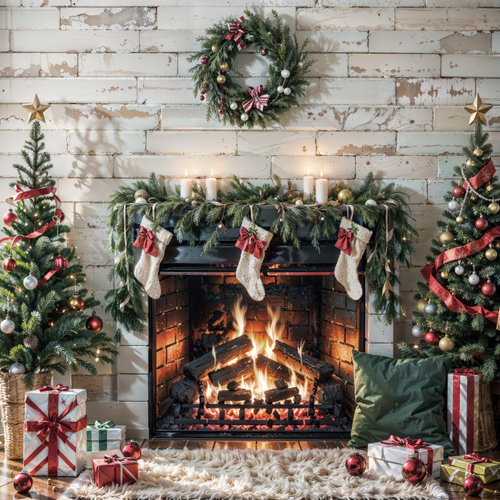 Cozy Rustic Christmas Fireplace Backdrop