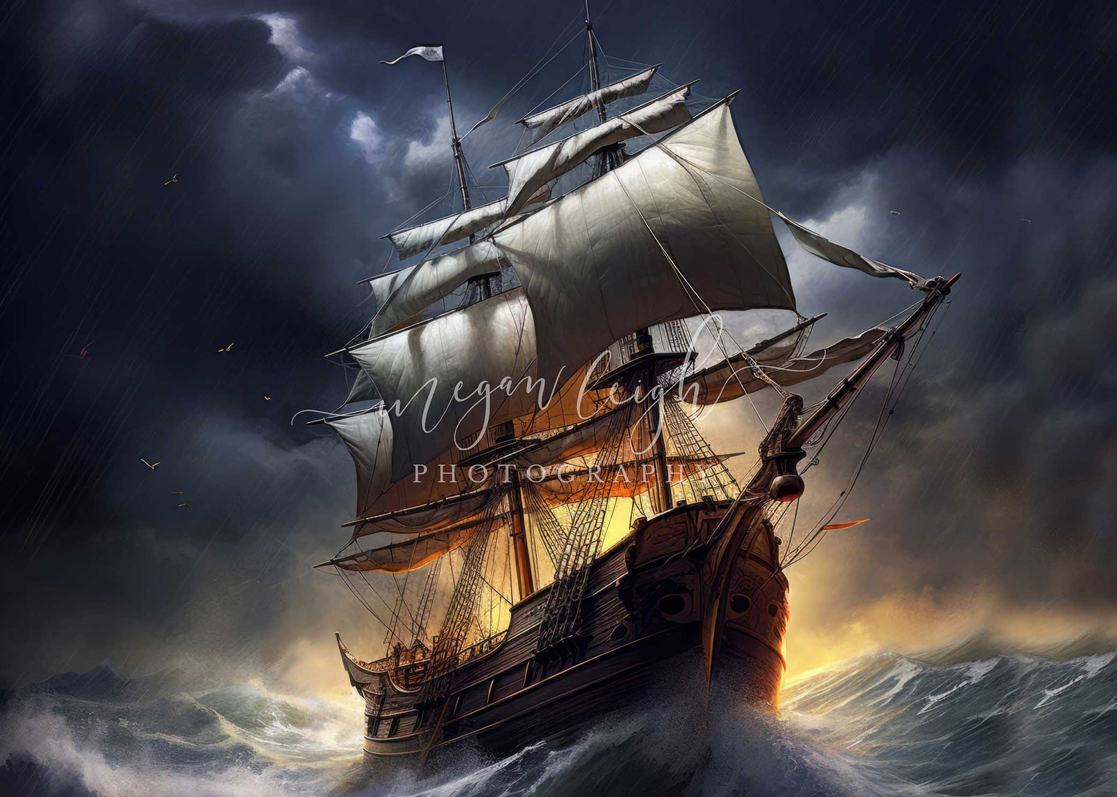 Epic Stormy Sea Sailing Ship Backdrop
