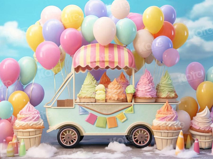 Kate Summer Sweet Ice Cream Car Cake Smash Balloon Sky Fleece Backdrop
