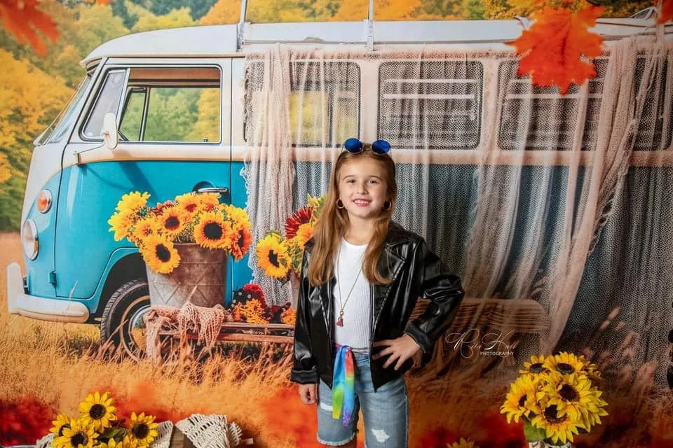 Kate Autumn Sunflower Blue White Car Bus Backdrop for Photography