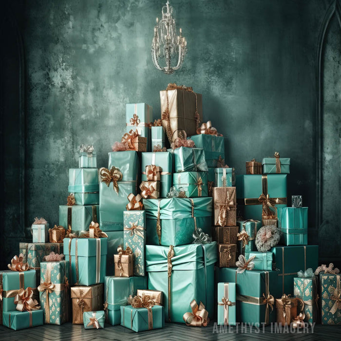 Elegant Teal Gold Gift Pile Backdrop