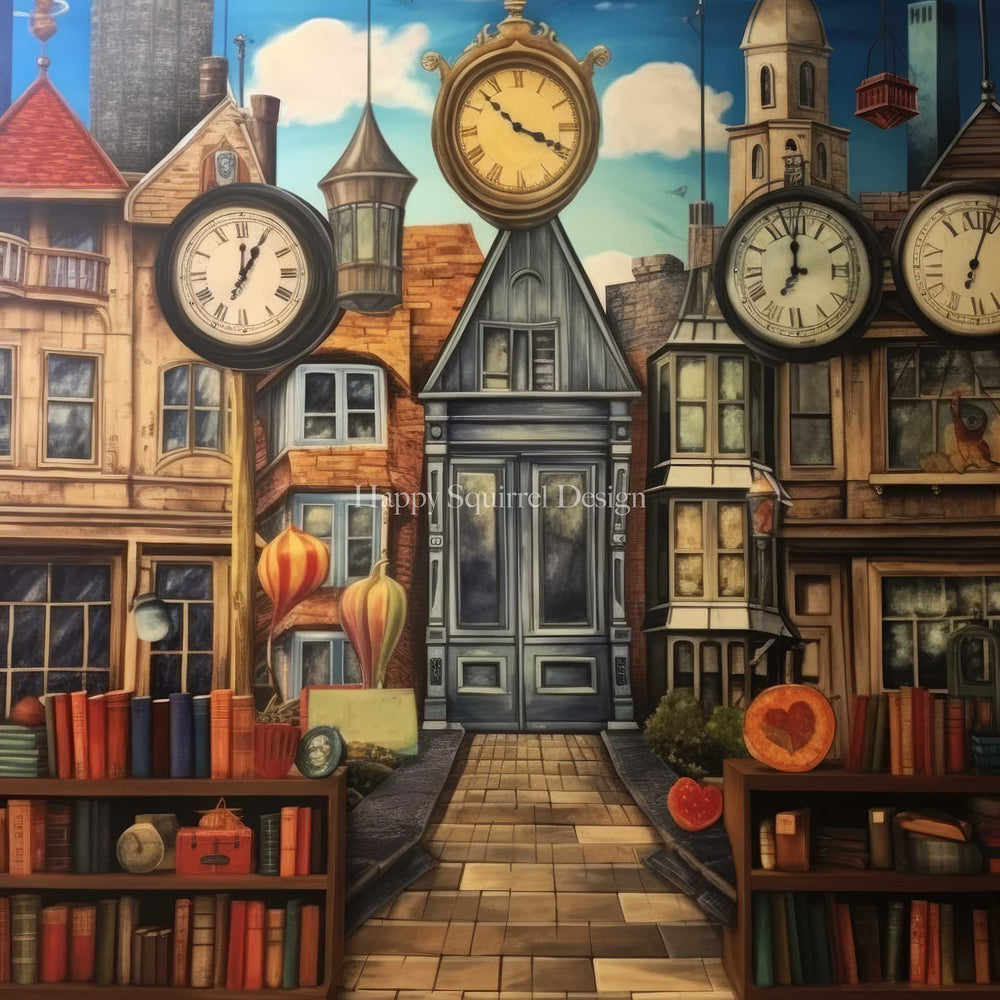 Vintage Timepiece Village Storybook Backdrop
