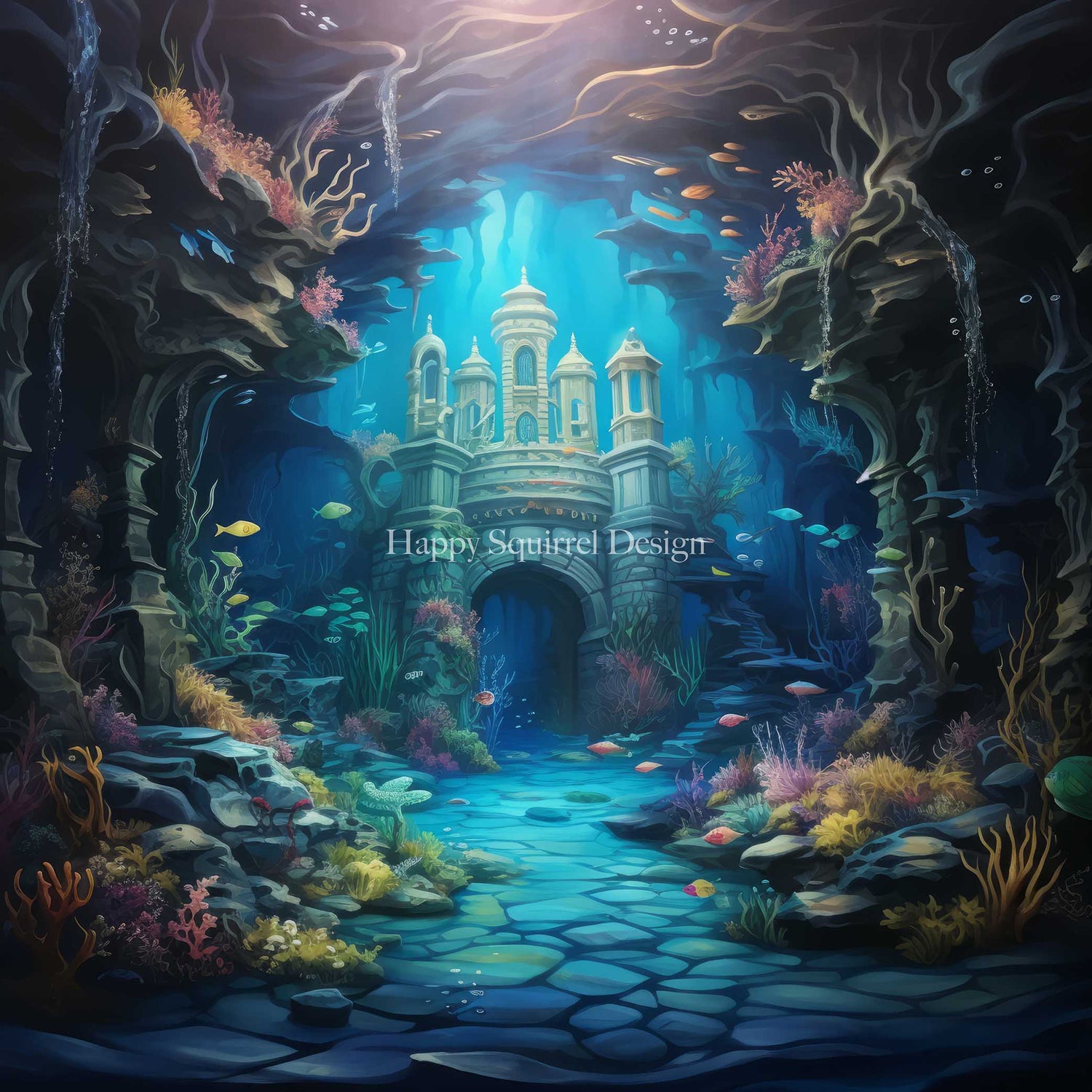 Mystical Underwater Castle Fantasy Backdrop