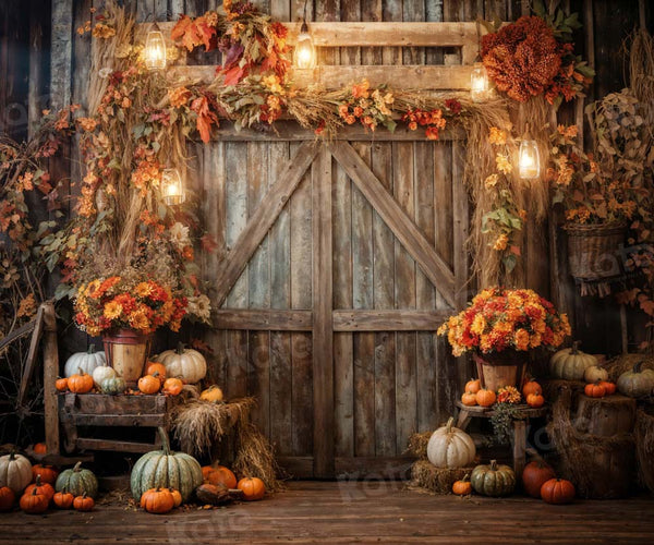 Rustic Autumn Harvest Wooden Door Backdrop