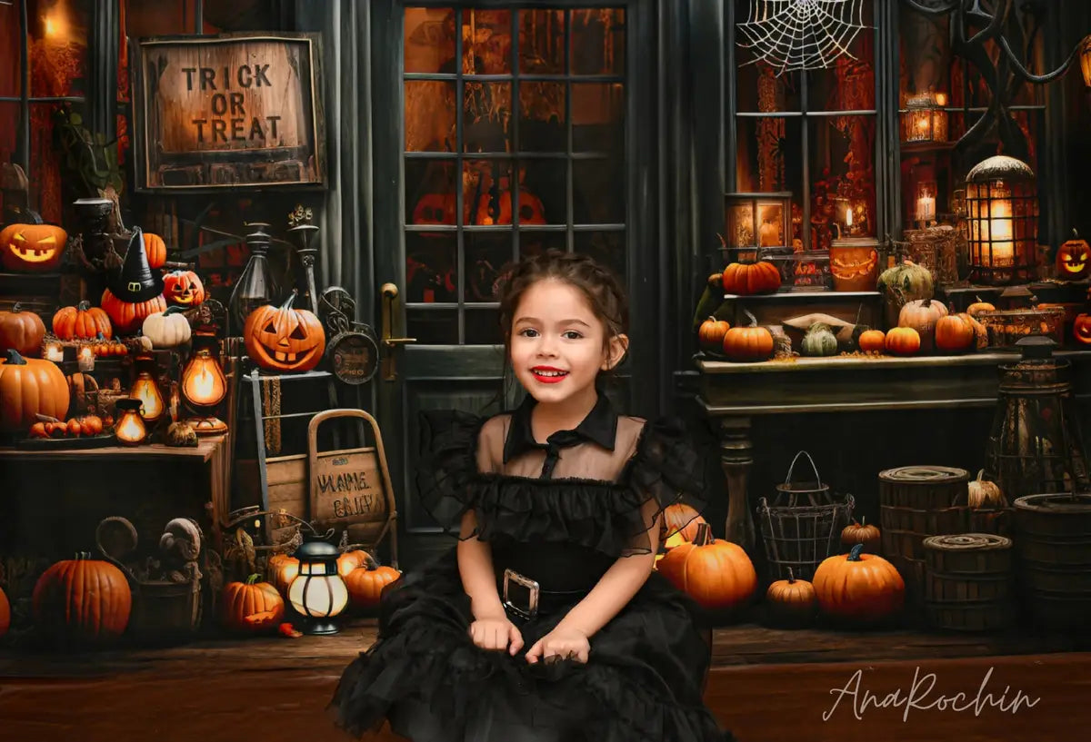 Kate Halloween Spooky Pumpkin Store Trick or Treat Backdrop Designed b
