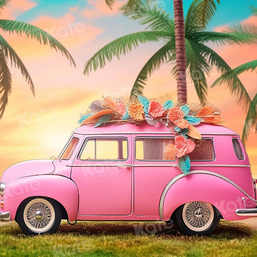 Vintage Pink Van Tropical Sunset Backdrop