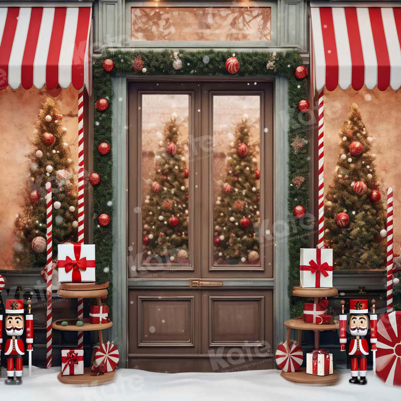 Festive Holiday Candy Cane Storefront Backdrop