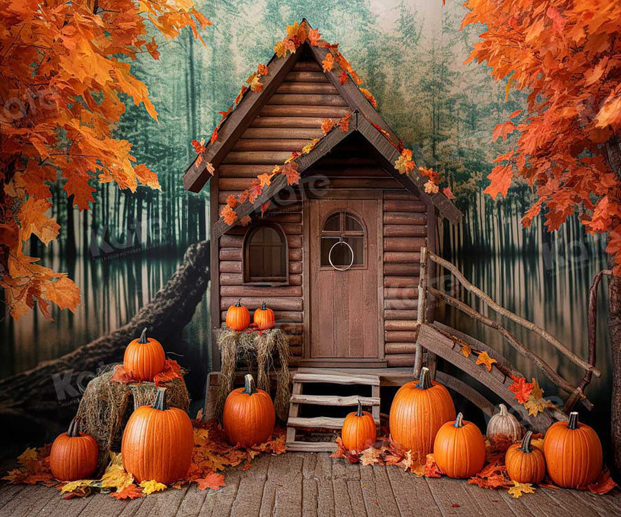 Rustic Autumn Harvest Pumpkin Cabin Backdrop