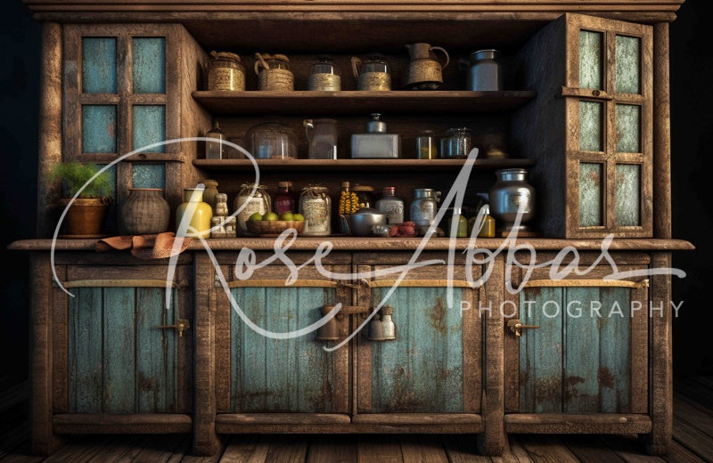 Rustic Vintage Blue Wooden Cabinet Backdrop
