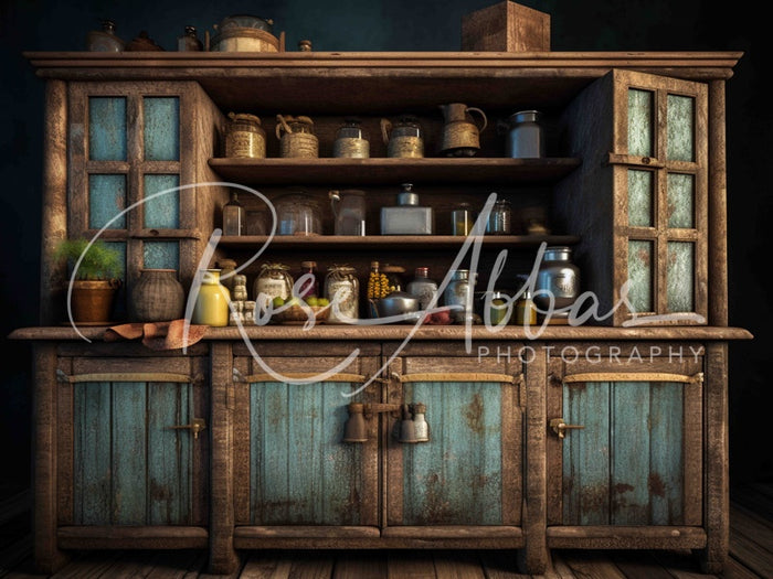 Rustic Vintage Blue Wooden Cabinet Backdrop