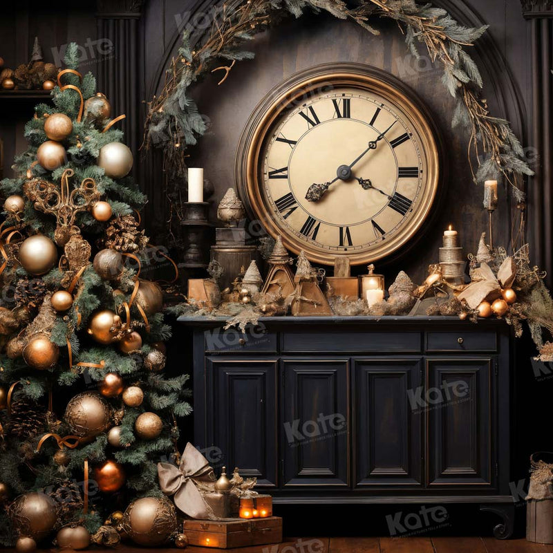 Vintage Holiday Clock and Tree Backdrop