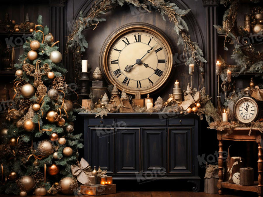 Vintage Holiday Clock and Tree Backdrop
