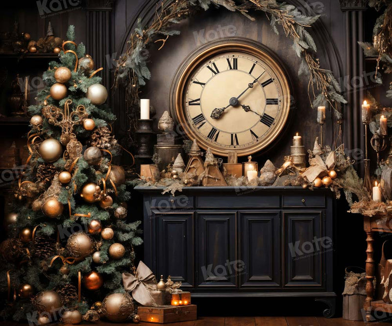 Vintage Holiday Clock and Tree Backdrop