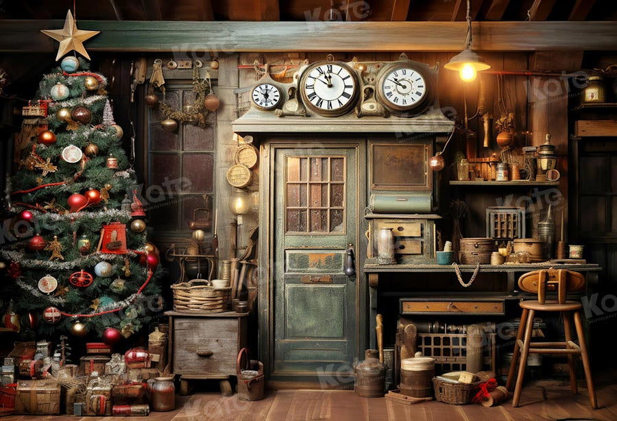 Vintage Rustic Christmas Workshop Backdrop