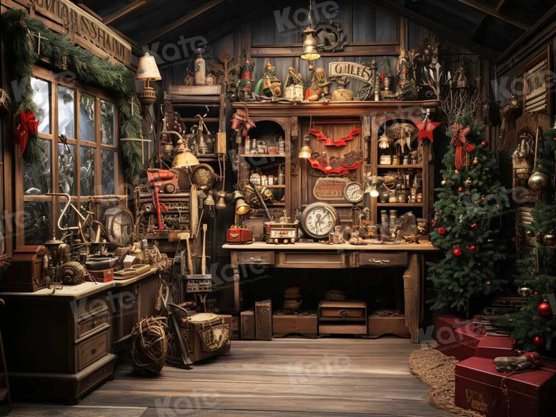 Vintage Rustic Christmas Workshop Backdrop