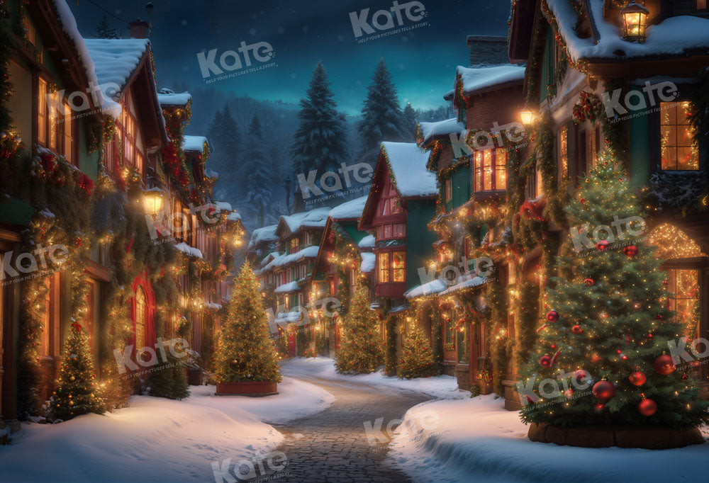 Cozy Snowy Christmas Village Backdrop