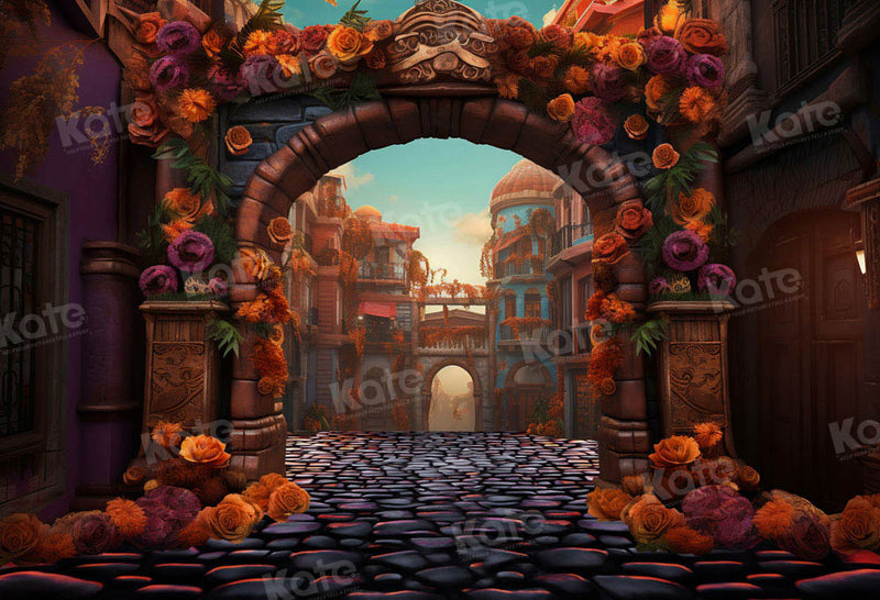 Rustic Floral Archway Street Scene Backdrop