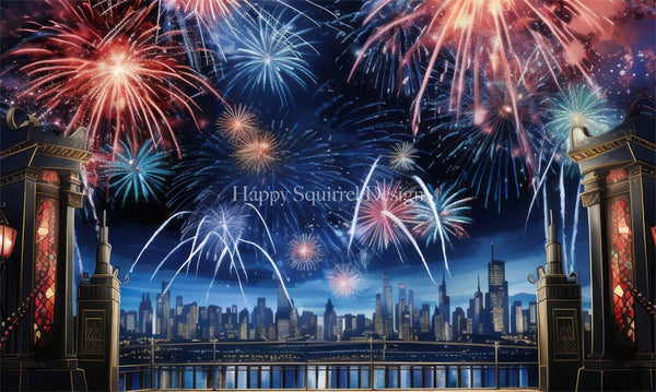 City Skyline Night Fireworks Celebration Backdrop