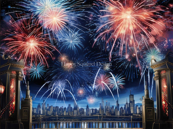 City Skyline Night Fireworks Celebration Backdrop