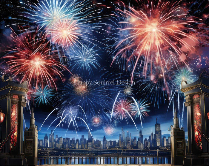 City Skyline Night Fireworks Celebration Backdrop