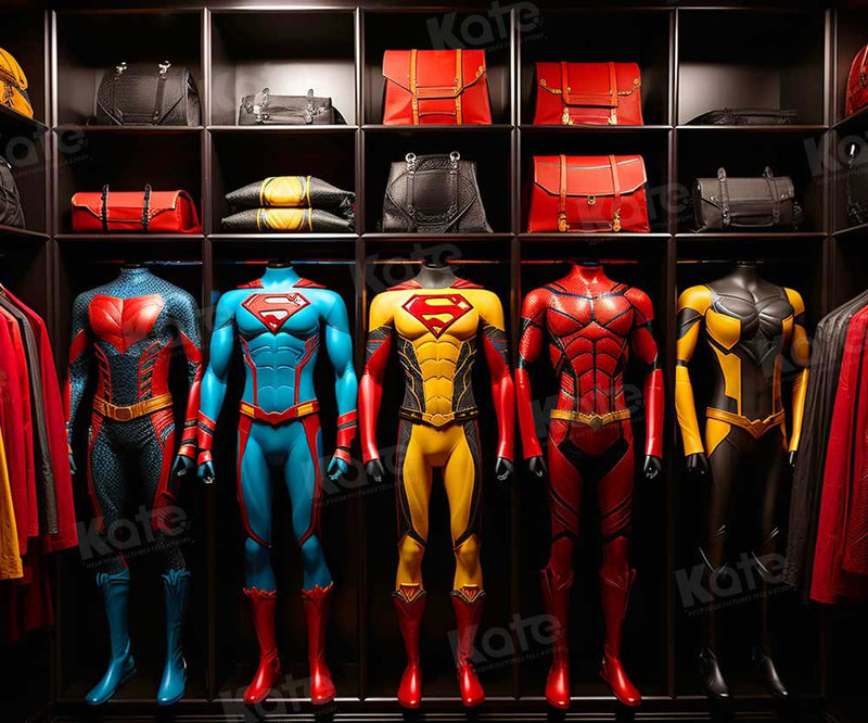 Vibrant Superhero Costume Display Backdrop