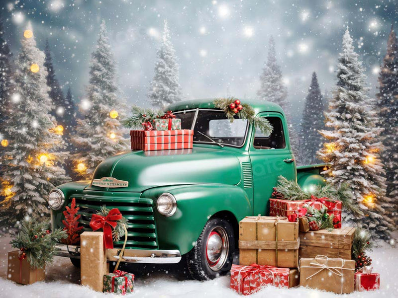 Vintage Green Truck Christmas Backdrop