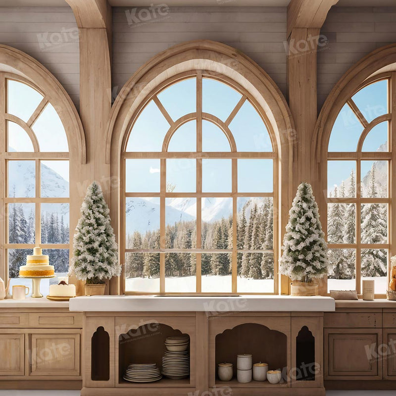 Cozy Winter Lodge Window View Backdrop