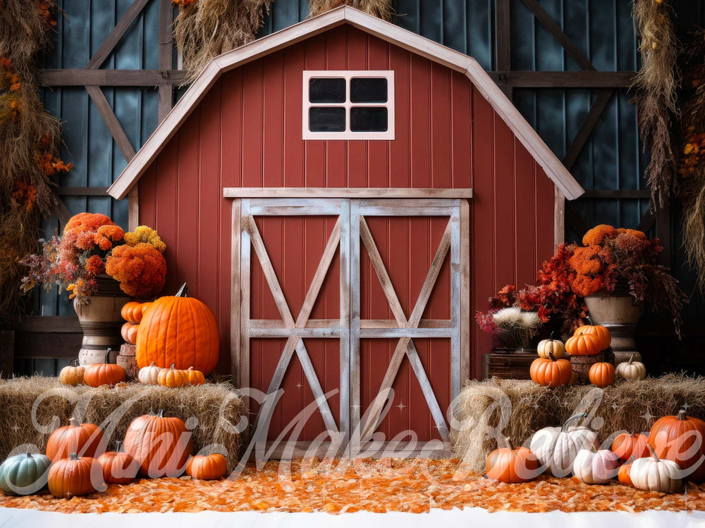 Rustic Red Barn Autumn Harvest Backdrop