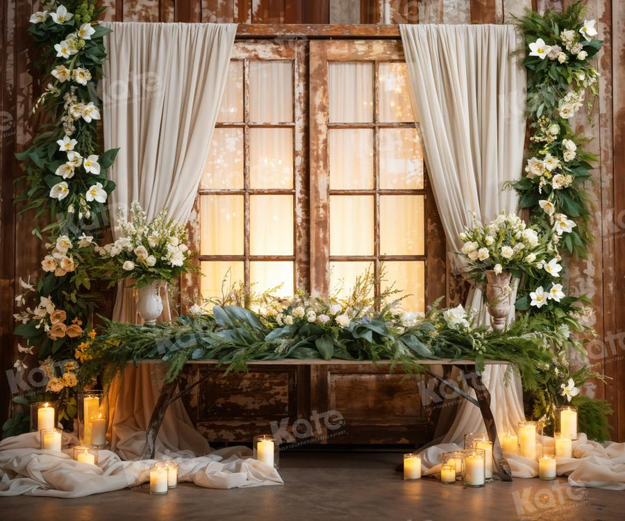 Kate White Flowers Candles Window Curtains Backdrop Designed by Emetse