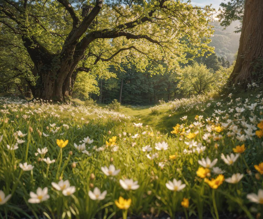 Sunlit Wildflower Meadow Forest Backdrop